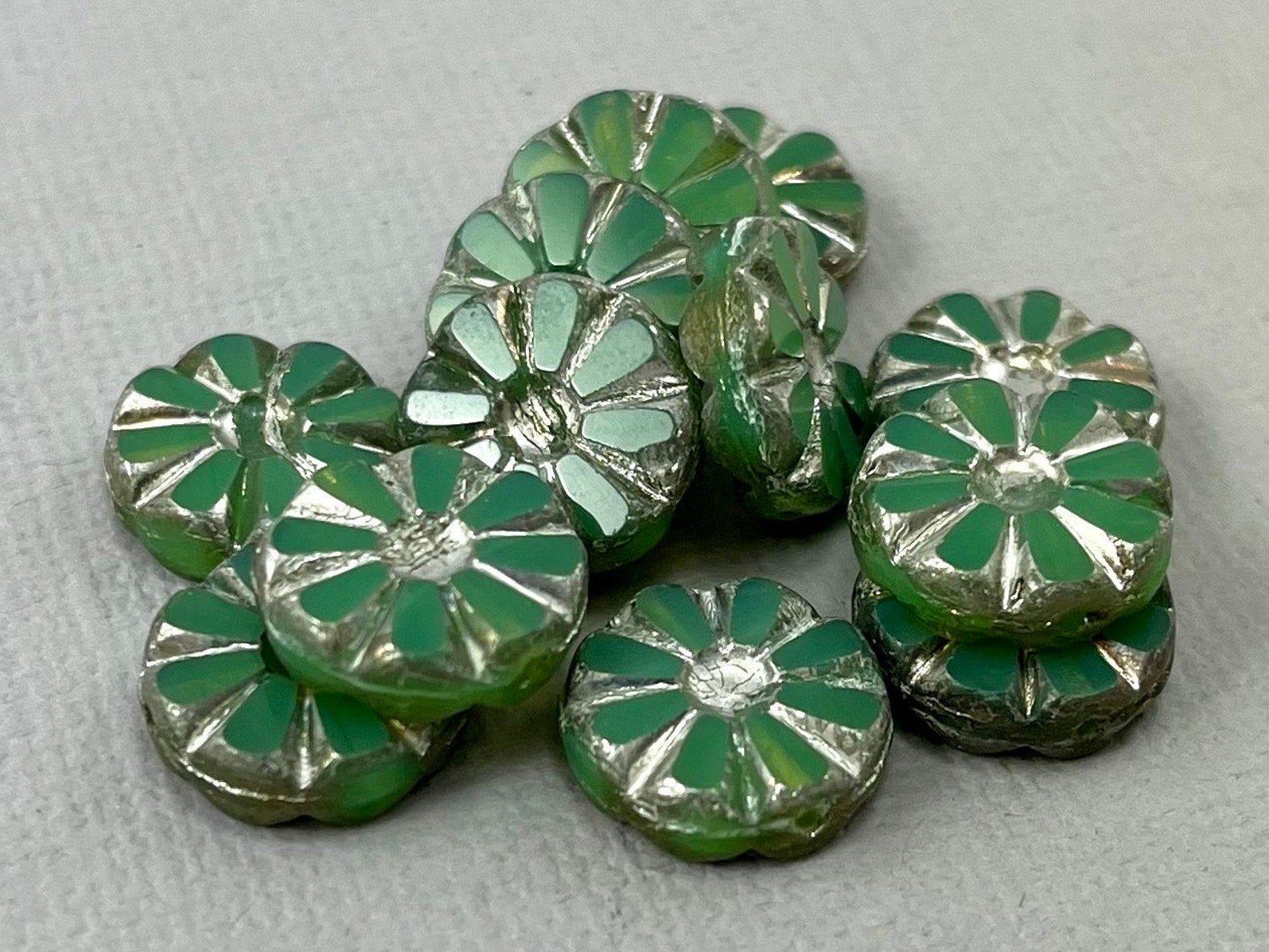 Cloudy Opal Green Daisy, Sunflower Czech Glass Flower Beads, Metallic Silver Finish, Table Cut ...