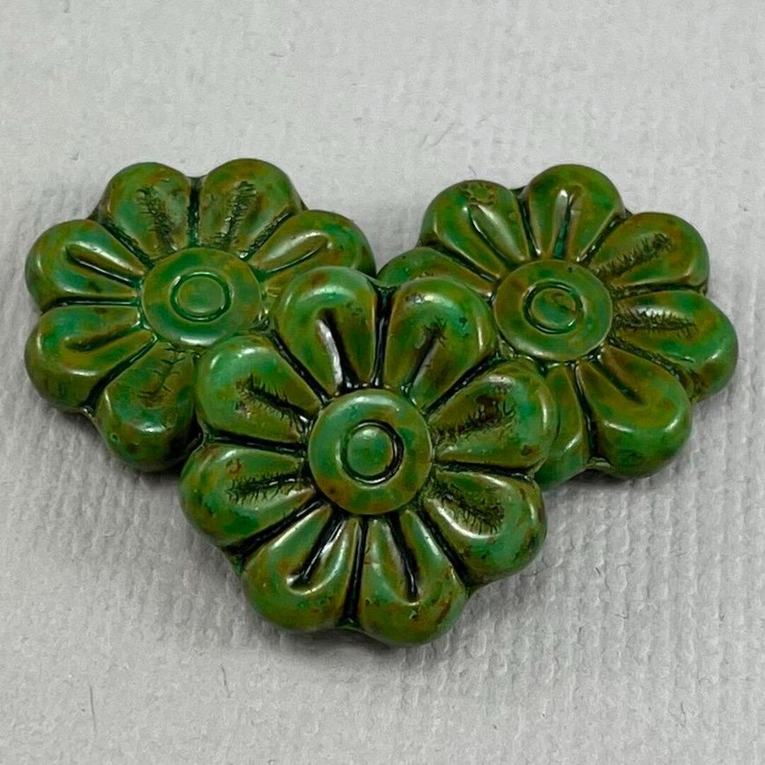 Large Daisy Beads, Czech Glass Flower, Green, Brown Picasso - 18mm - 2 ...