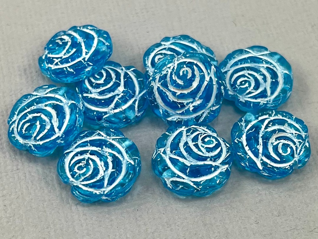 Aqua Blue Pressed Czech Glass Rose Flower Beads, White Wash Carved Rose ...