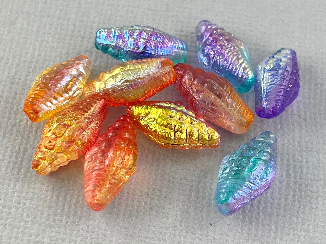 Miter Shell Beads, Seashell Czech Glass Beads, Pressed, Variegated Red ...