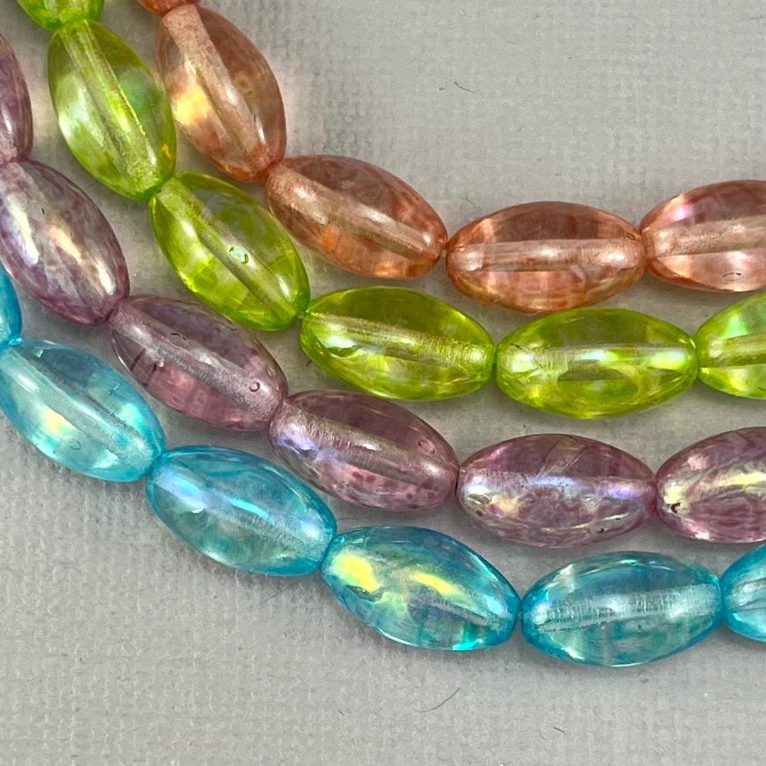 Olive Shaped Beads, Czech Glass Oval, Transparent Aqua Blue, Peach ...