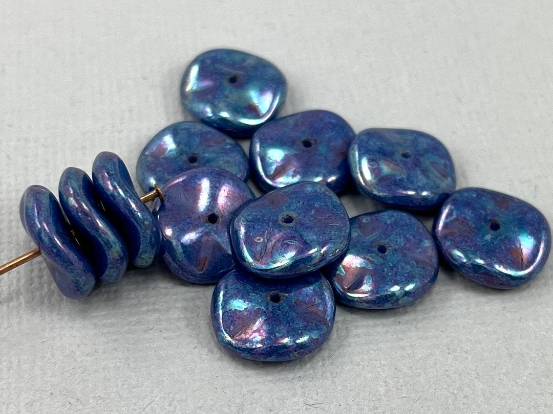 Blue Ripple Beads, Pressed Czech Glass Disk, Pink Luster Finish, Wave ...