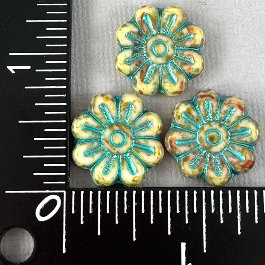 Large Daisy Beads, Czech Glass Flower, Stone Ivory, Picasso, Teal Wash ...