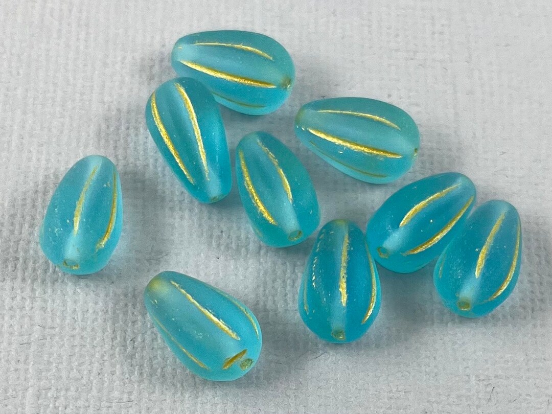 Aqua Blue Drops, Matte Fluted Czech Glass Melon Teardrop Beads, Pear ...