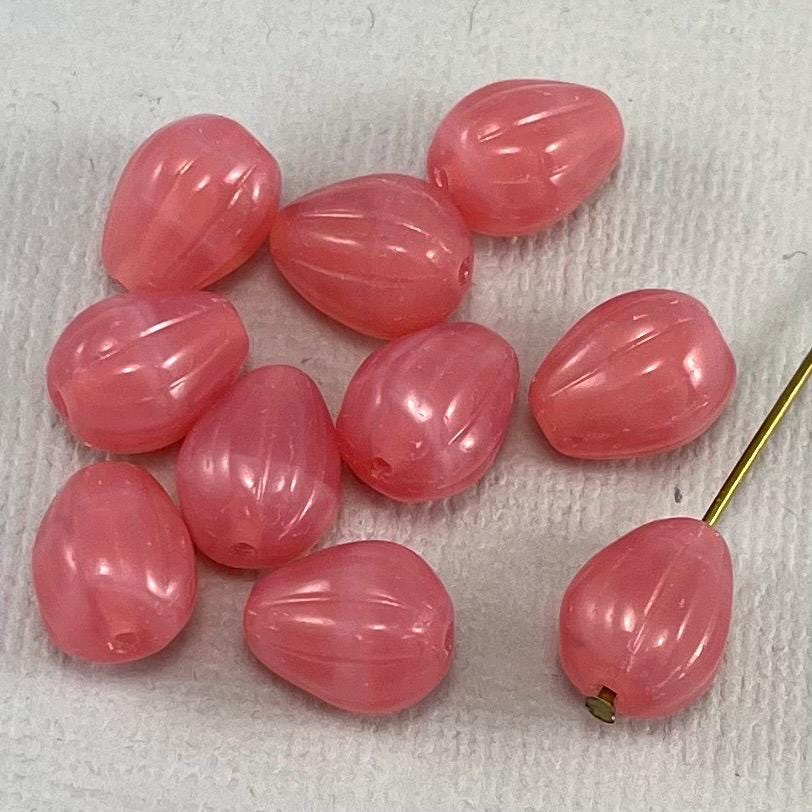 Opal Pink Fluted Czech Glass Teardrop Beads, Pear Shaped, Milky Glass ...