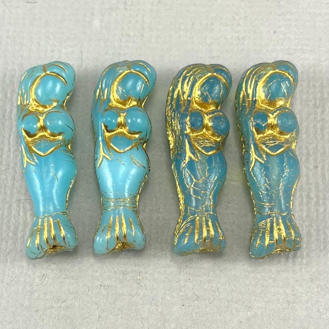 Aqua Opal Mermaids, Pressed, Czech Glass Beads, Gold Wash, Seafoam ...
