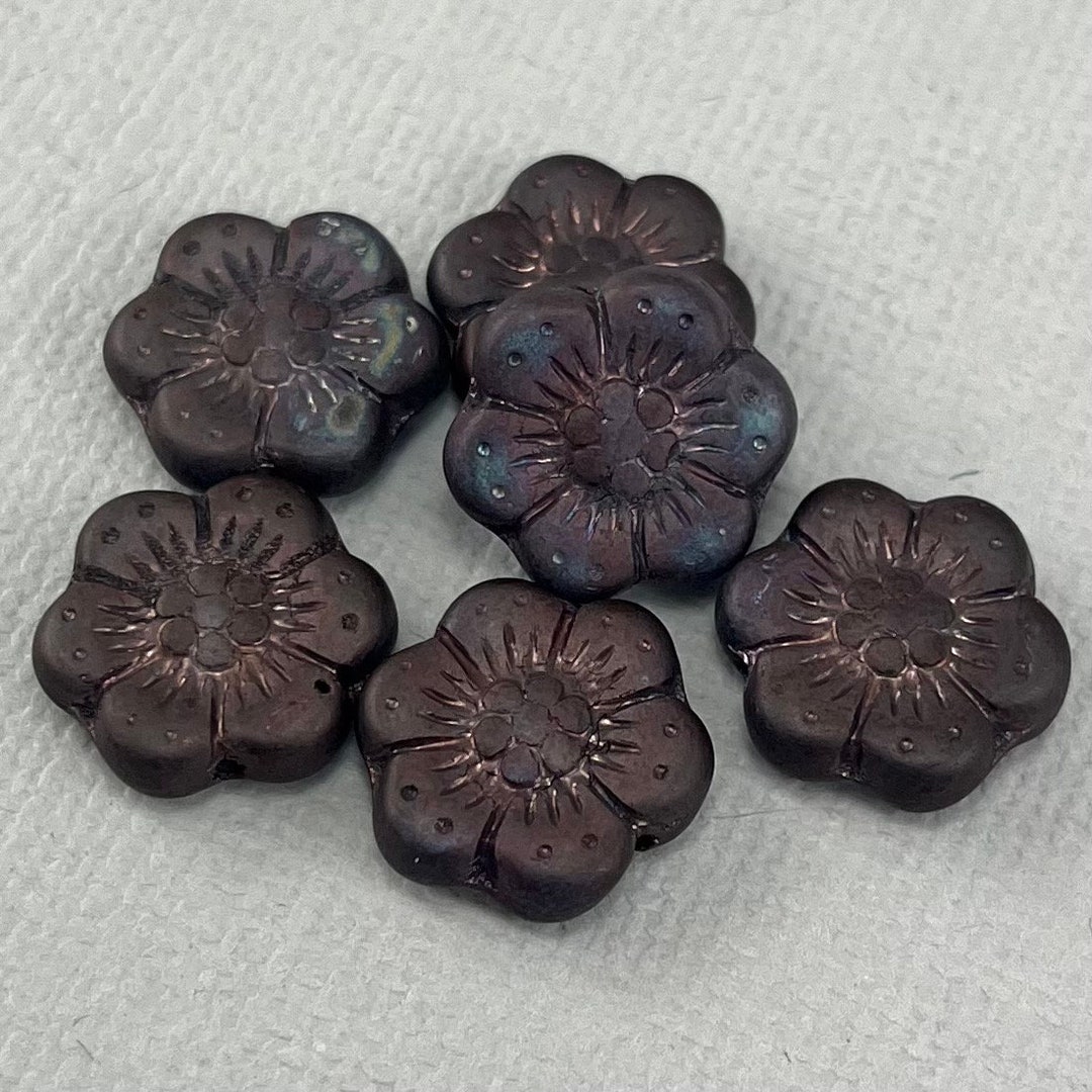 Matte Bronze Oil Slick Czech Glass Wild Rose Flower Beads, Transparent ...