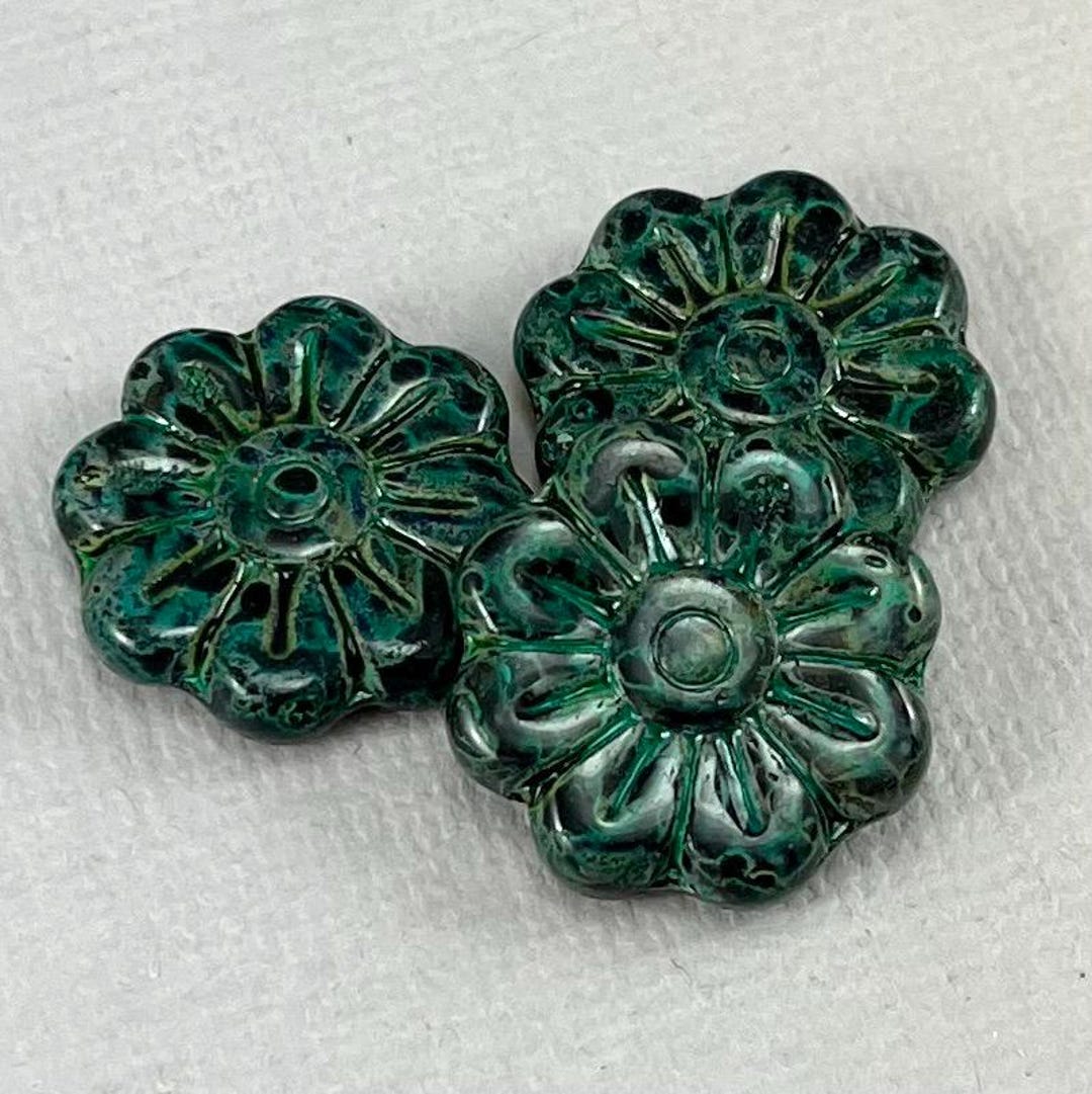 Large Daisy Beads, Czech Glass Flower, , Clear, Dark Green Wash, Brown ...