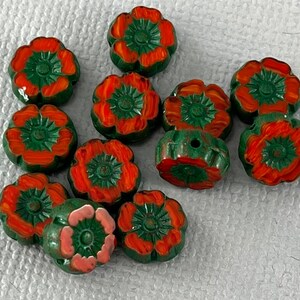 Variegated Red Czech Glass Table Cut Flower Beads, Green Patina Wash ...
