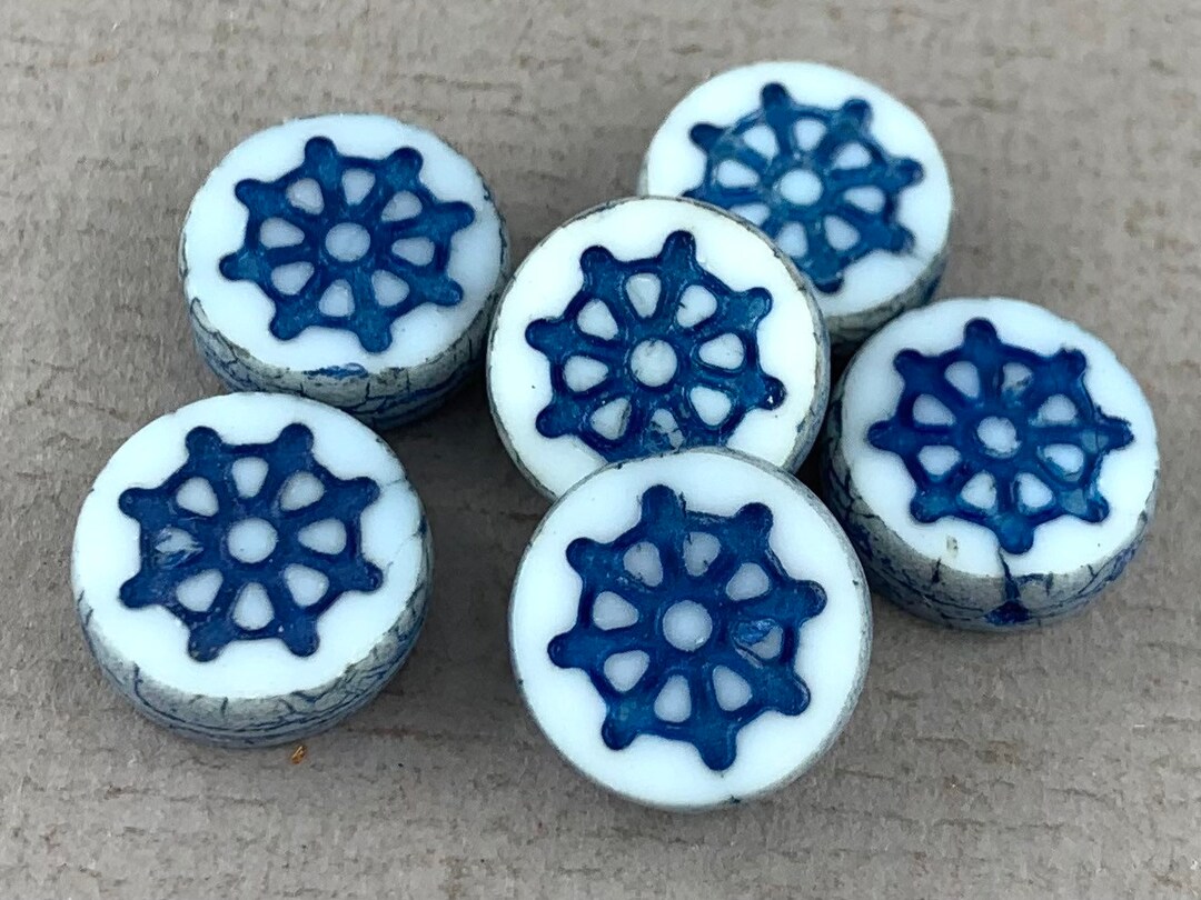Ship Steering Wheel Beads, Czech Glass Coin, White Glass, Blue Wash ...
