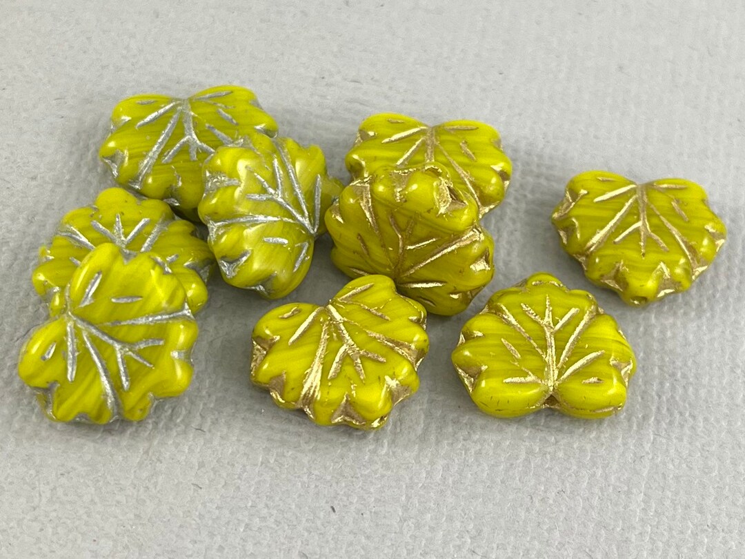 Avocado Green Czech Glass Maple Leaf Beads, Pressed Beads, Metallic ...