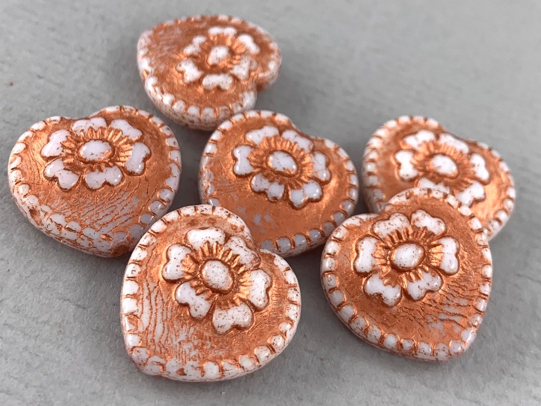 Rustic White Pressed Czech Glass Heart Beads, Bright Metallic Copper ...