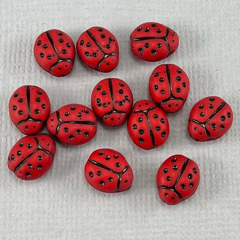 Little, Matte Red Czech Glass Pressed Ladybug Beads, Jet Black Detail ...