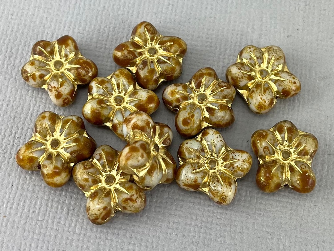 Rustic Caramel Picasso Czech Glass Flower Beads, Puffy Flowers, 5 Petal ...