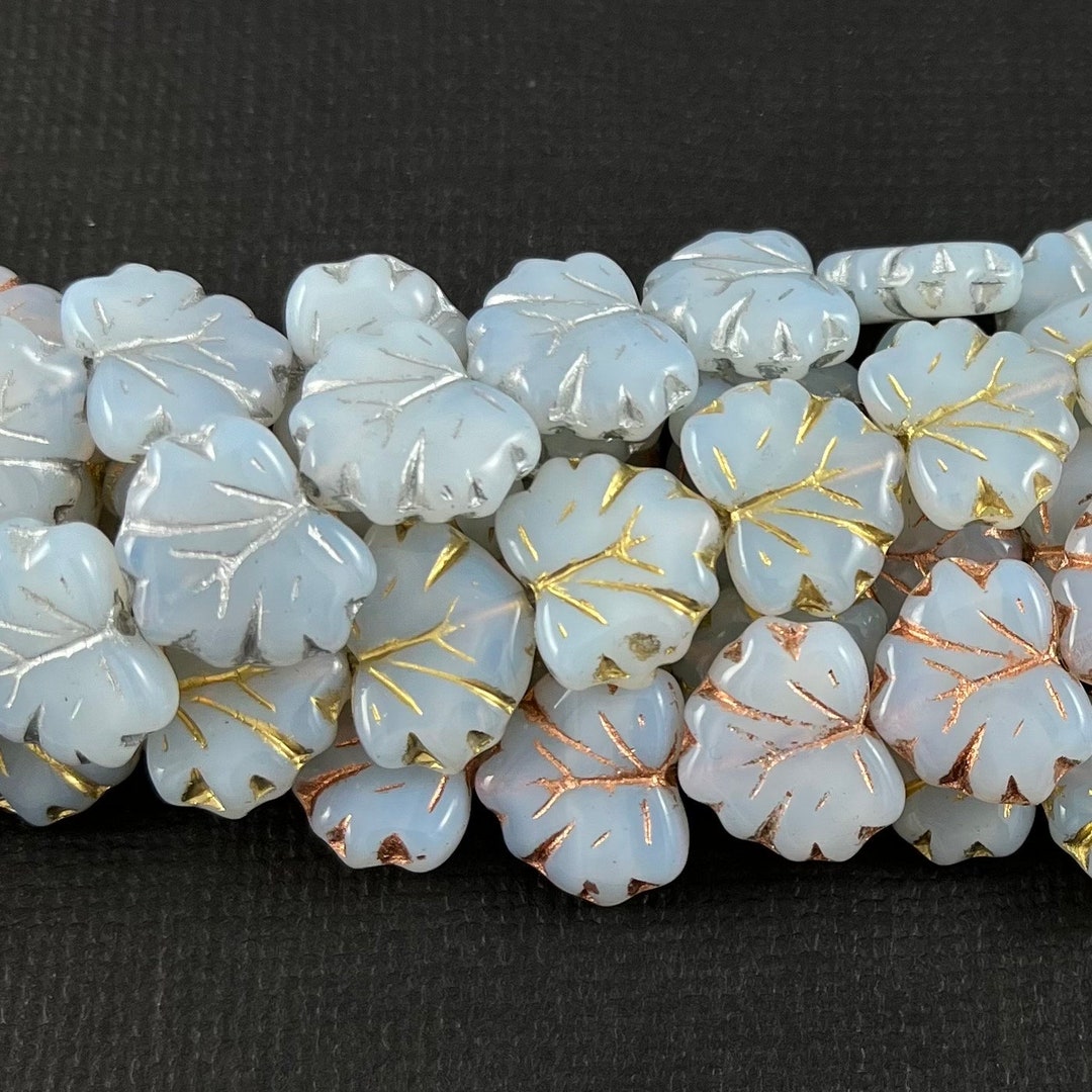 Opal White Czech Glass Maple Leaf Beads, Opaline, Pressed Beads, Milky ...