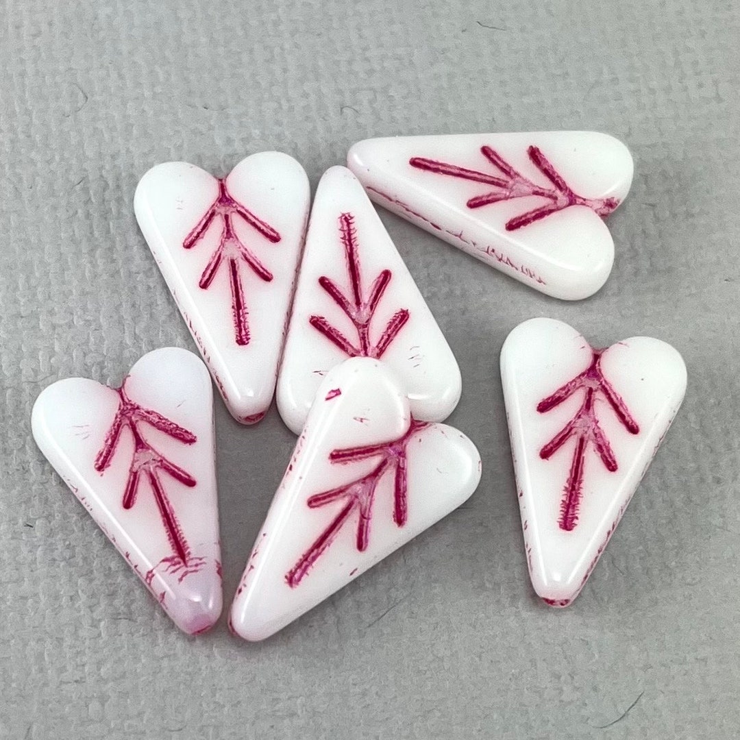 Heart Shaped Leaf Beads, Czech Glass, Opaque White, Pink Wash - 16mm X ...