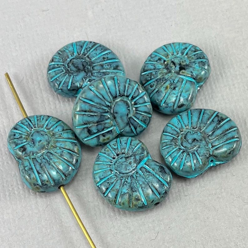 Aqua Blue & Black Nautilus Shell Czech Glass Beads, Pressed, Snail ...