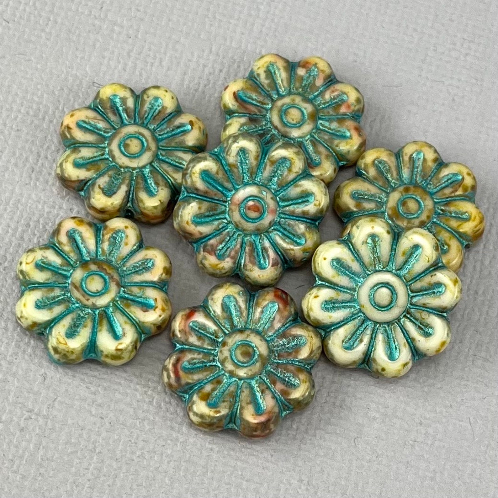 Large Daisy Beads, Czech Glass Flower, Stone Ivory, Picasso, Teal Wash ...
