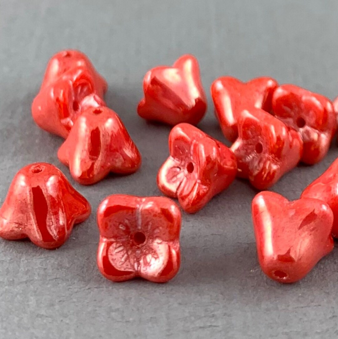 Bright Coral Red Czech Glass Bell Flower Beads, Luster Finish - 25 Pcs ...