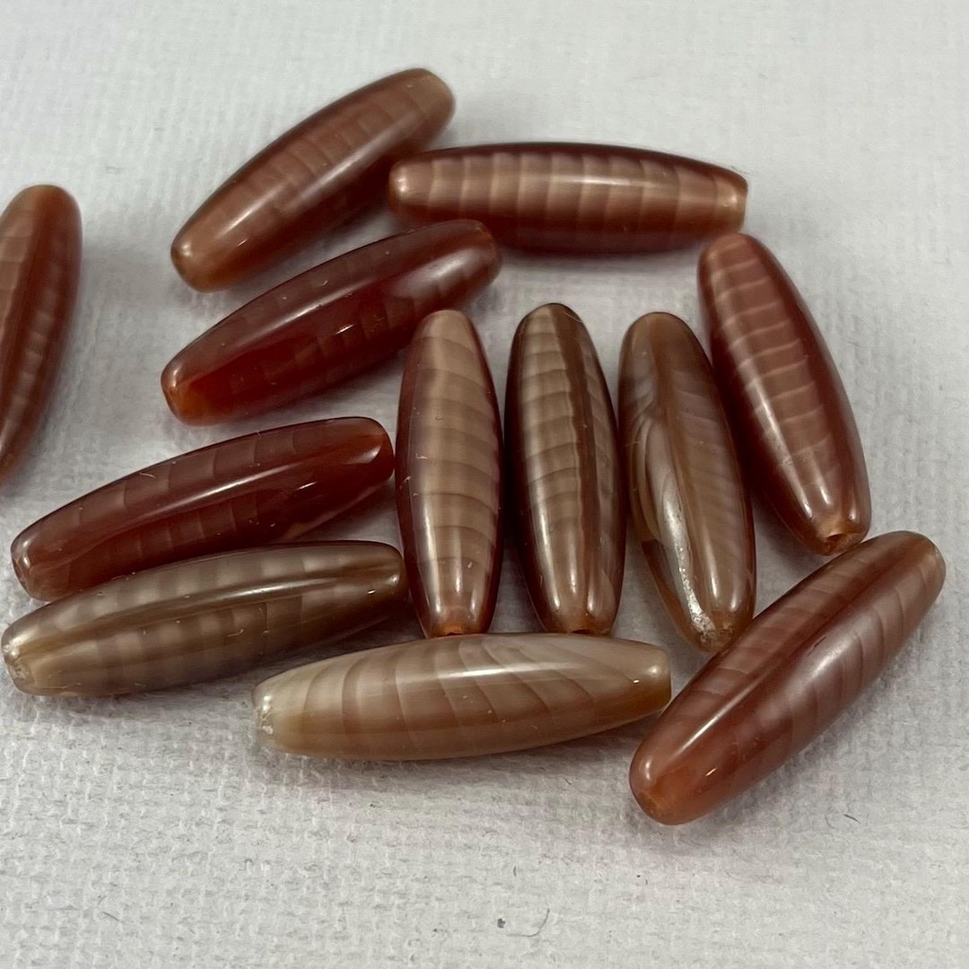 Red Brown Czech Glass Pressed Oval Shaped Tube Beads, Striped Moonglass ...