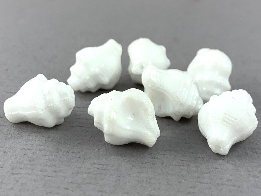 Glossy White Conch, Seashell Czech Glass Beads, Luster Finish, Pressed ...