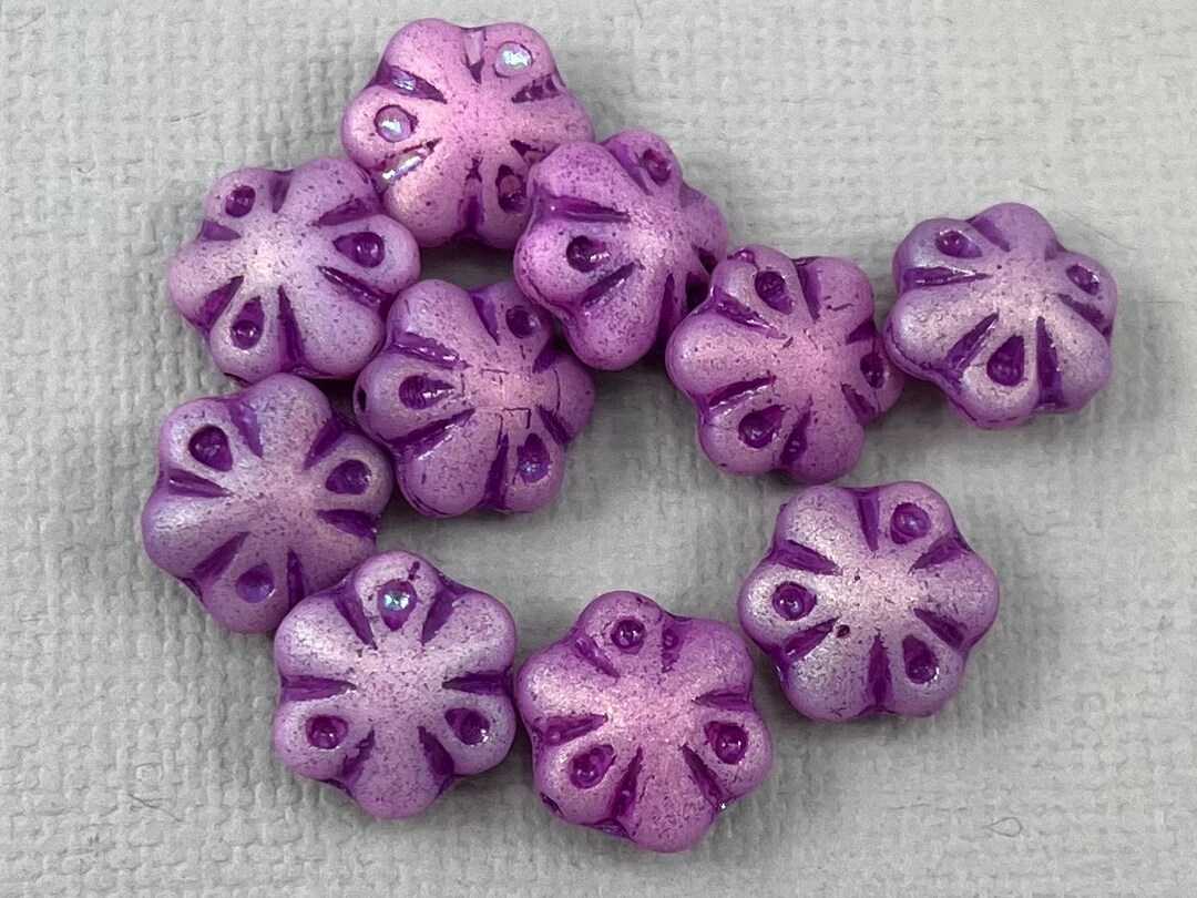 Orchid Purple Flower Beads, Czech Glass, Pressed Folklore Flower, Matte ...