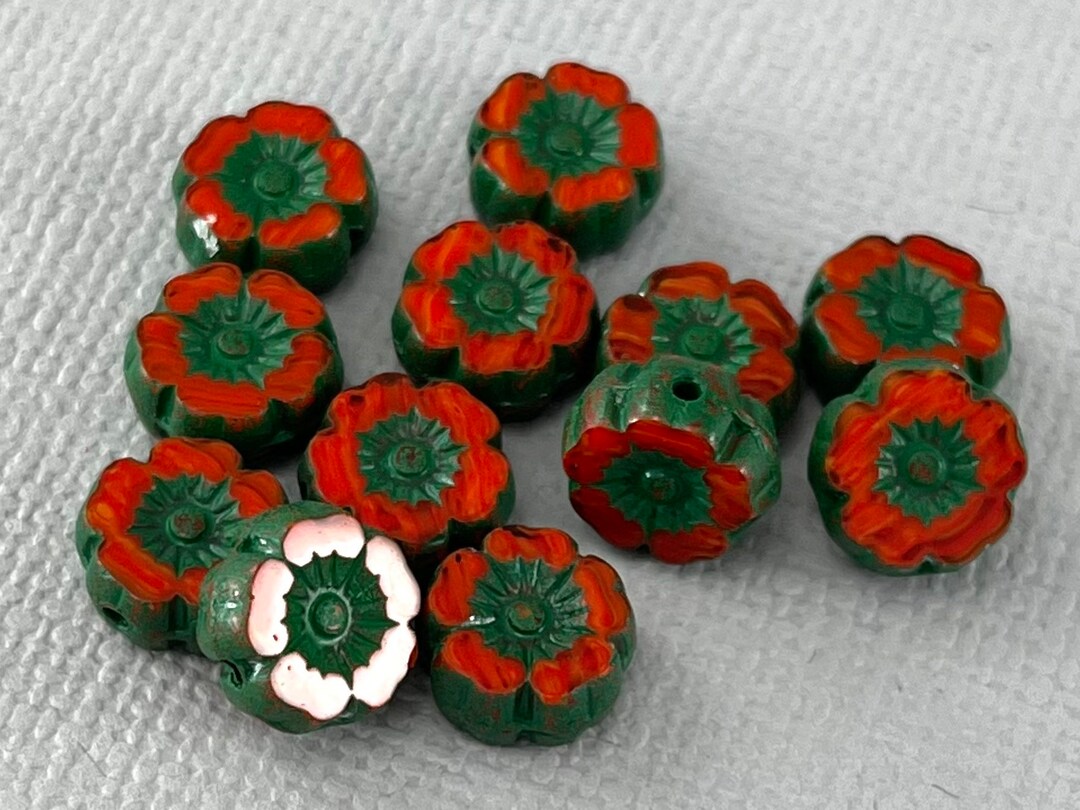 Variegated Red Czech Glass Table Cut Flower Beads, Green Patina Wash ...