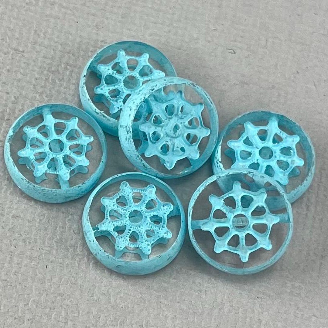 Ship Steering Wheel Beads, Czech Glass Coin, Crystal Clear Glass, Aqua ...