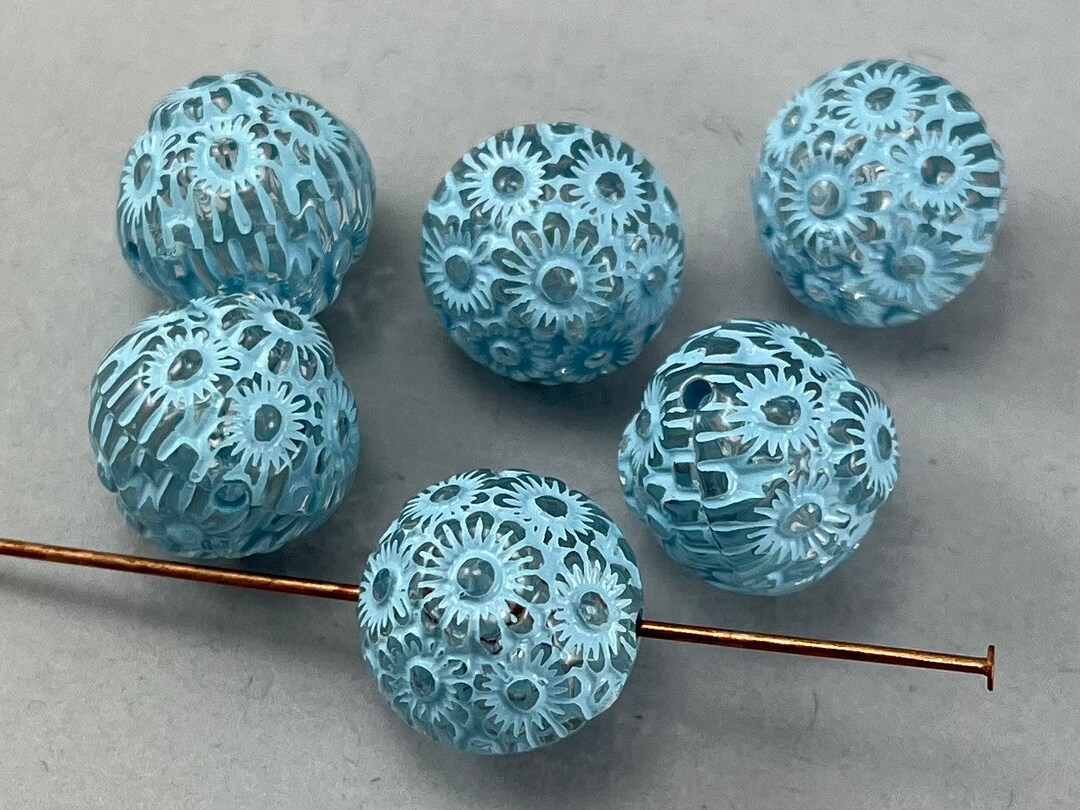 Blue on Crystal Daisy Engraved Vintage Style Plastic Beads, Flower ...
