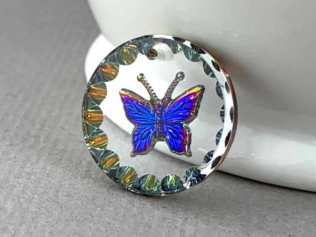 Crystal Clear Helio Blue, Butterfly Coin, Intaglio Buff Glass Round ...