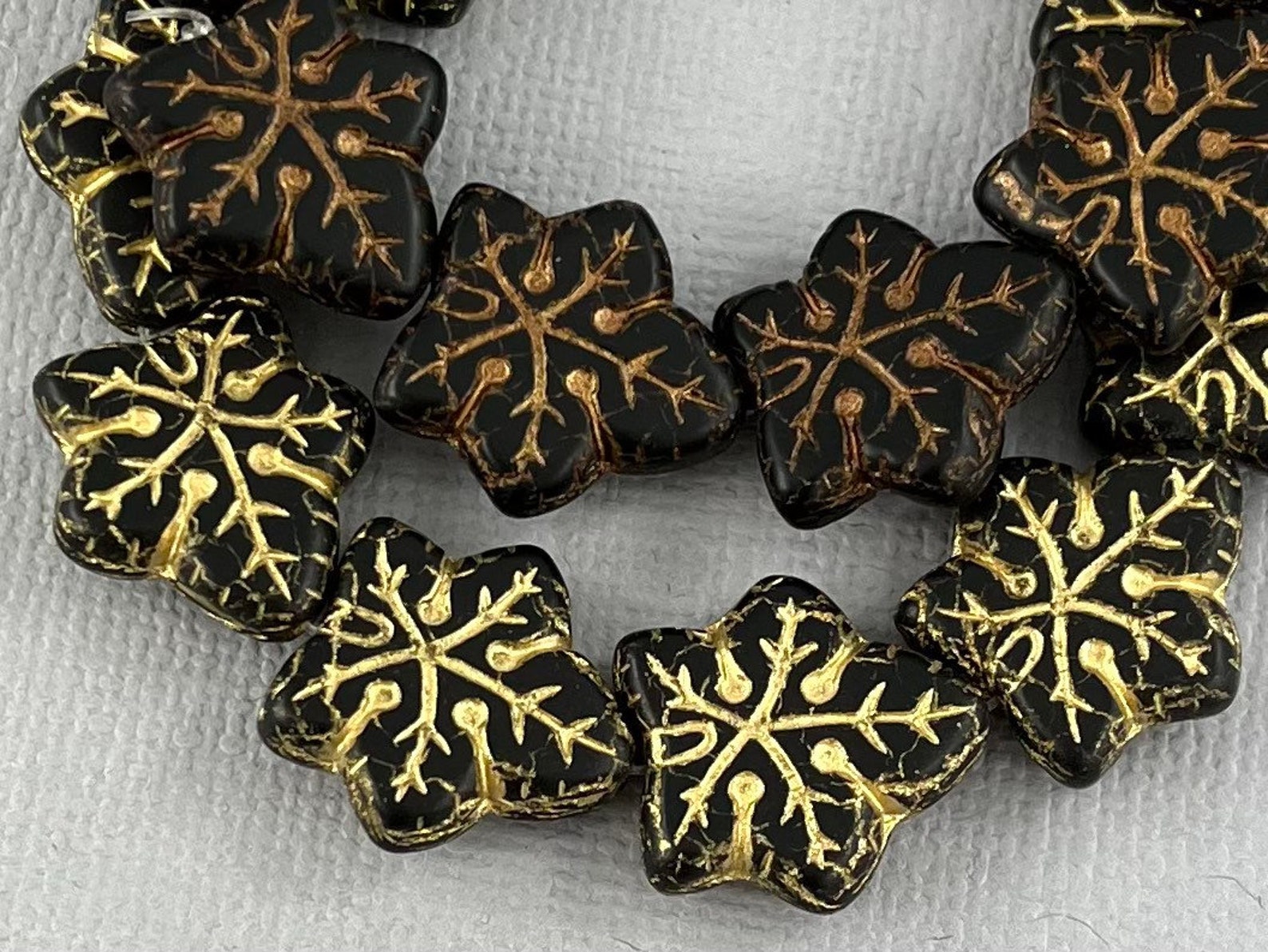 Jet Black Czech Glass Chestnut Leaf Beads, Gold or Bronze Wash, Pressed ...