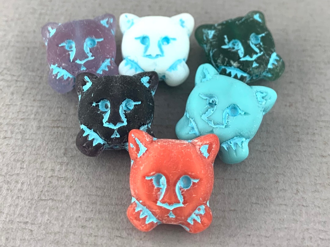 Pressed, Czech Glass Cat Beads, Animal Beads, Aqua Blue Finish, Kitten ...