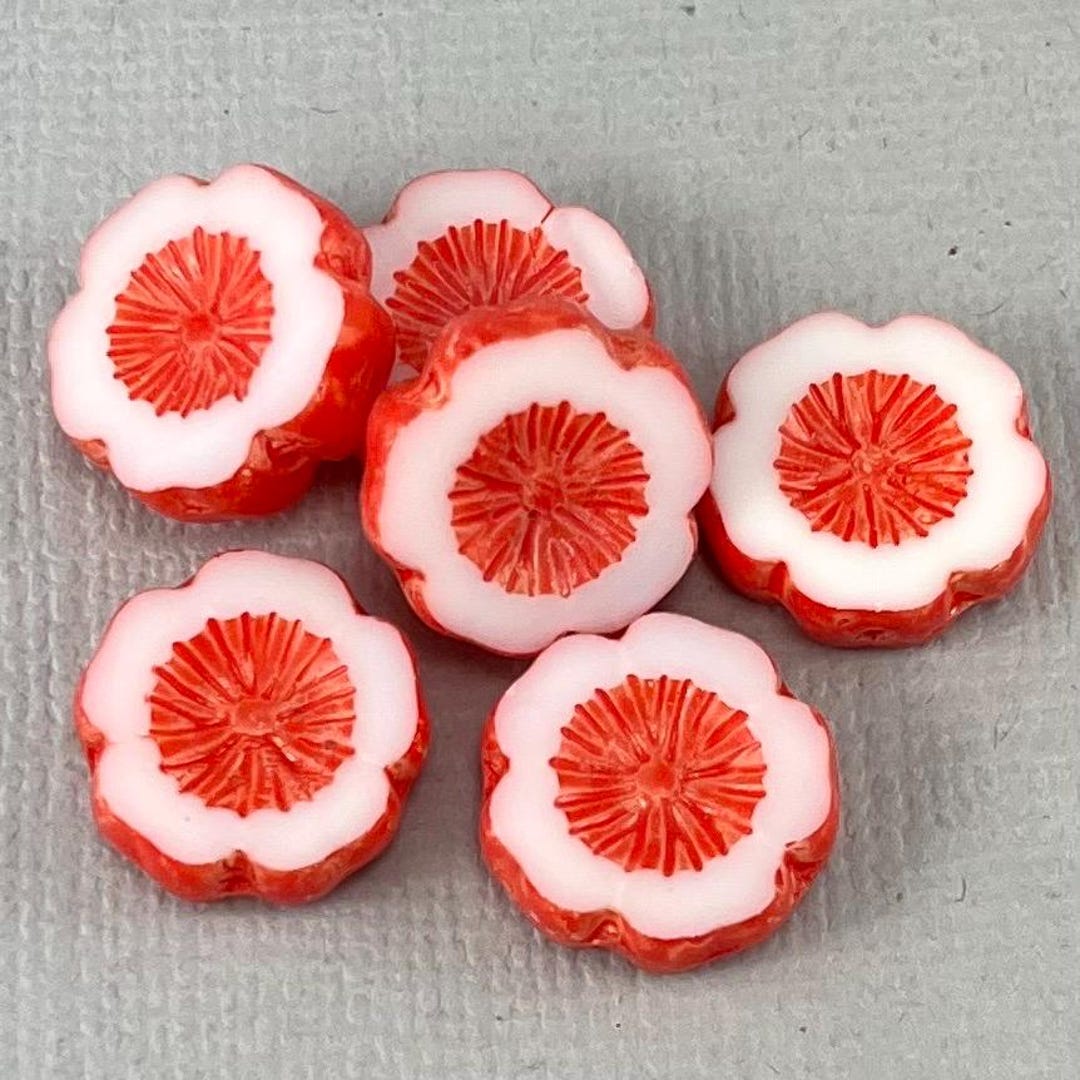 Fire Engine Red and White Czech Hibiscus Glass Flower Beads, Orange Red Edges and Starburst ...