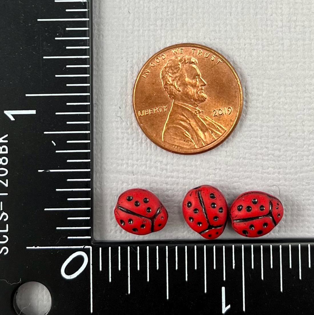 Little, Matte Red Czech Glass Pressed Ladybug Beads, Jet Black Detail ...