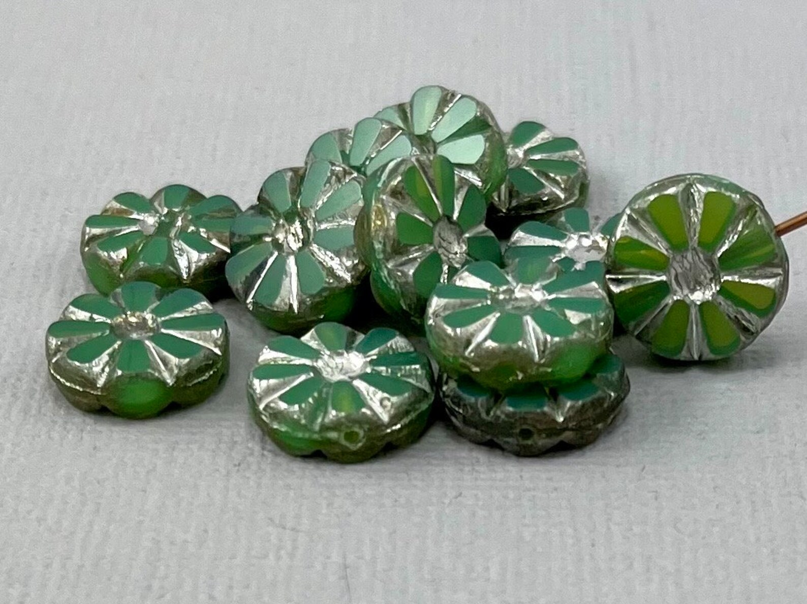Cloudy Opal Green Daisy, Sunflower Czech Glass Flower Beads, Metallic Silver Finish, Table Cut ...