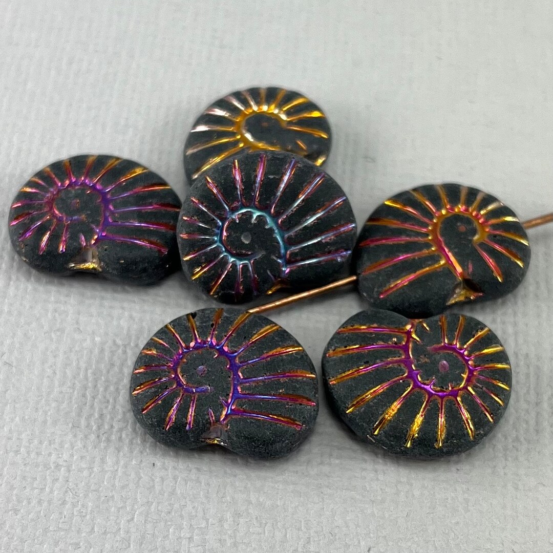 Matte Jet Black Nautilus Shell Czech Glass Beads, Metallic Rainbow Wash ...