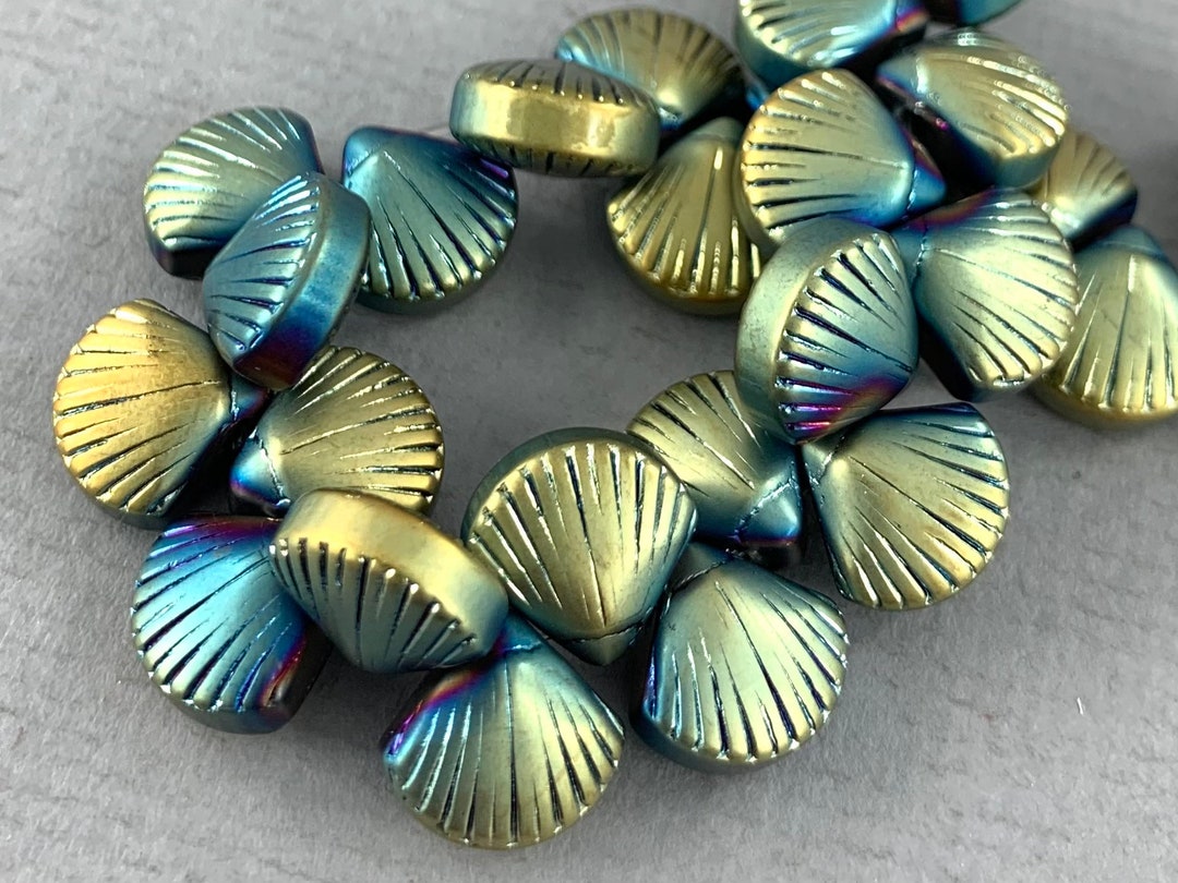 Matte Metallic Gold, Smoky Blue Seashell Glass Beads, Pressed, Shell ...