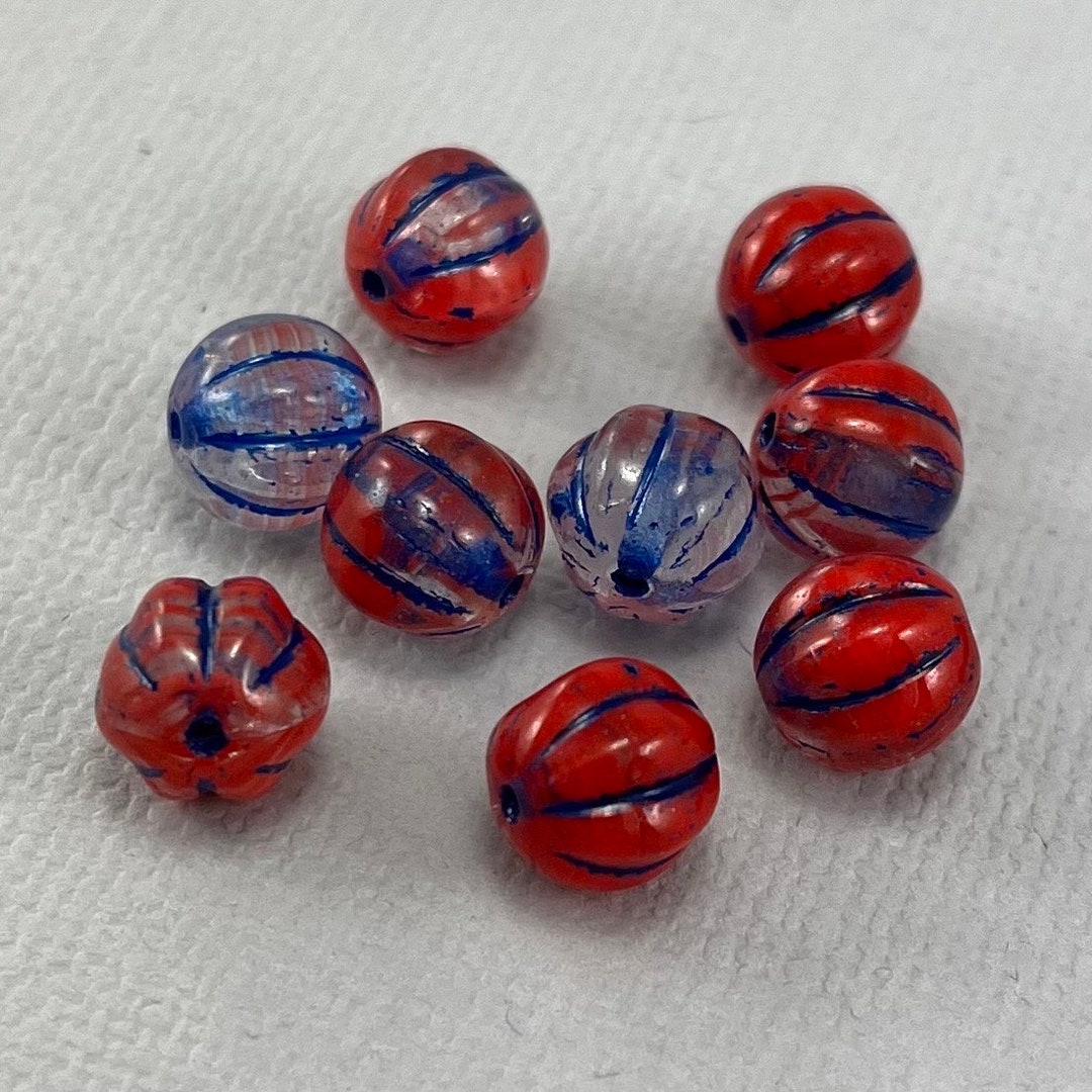 Transparent Clear & Red Melon Beads, Fluted Czech Glass, Dark Blue Wash, Grooved Beads - 8mm ...