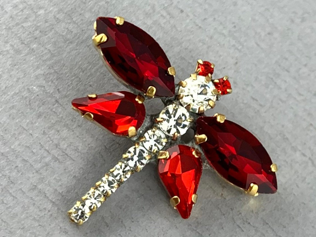 Dark Siam Red, Crystal Clear Dragonfly, Czech Glass Rhinestone Button ...