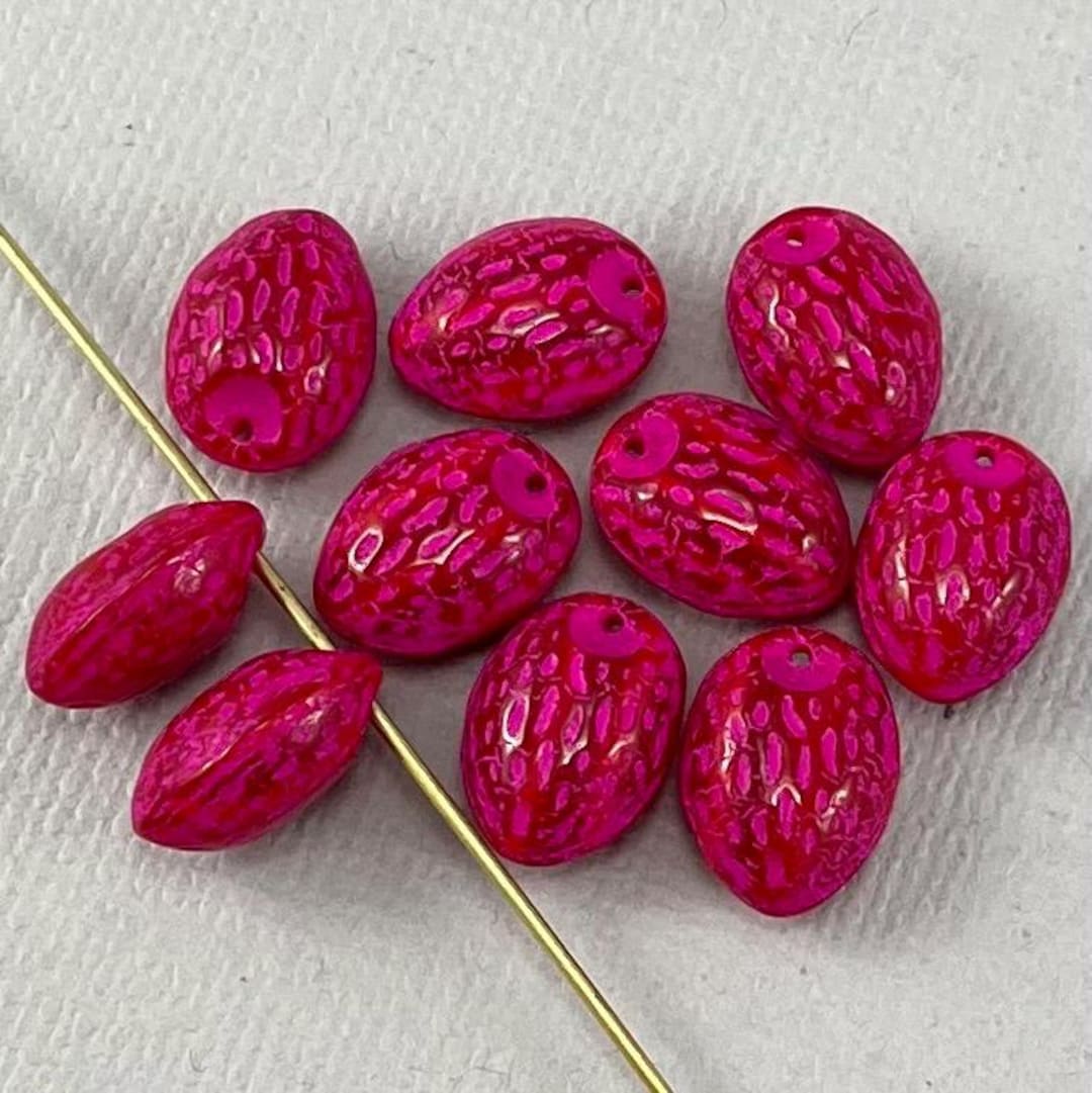 Red Pressed Czech Glass Strawberry Beads , Hot Pink Wash Detail, Puffy ...