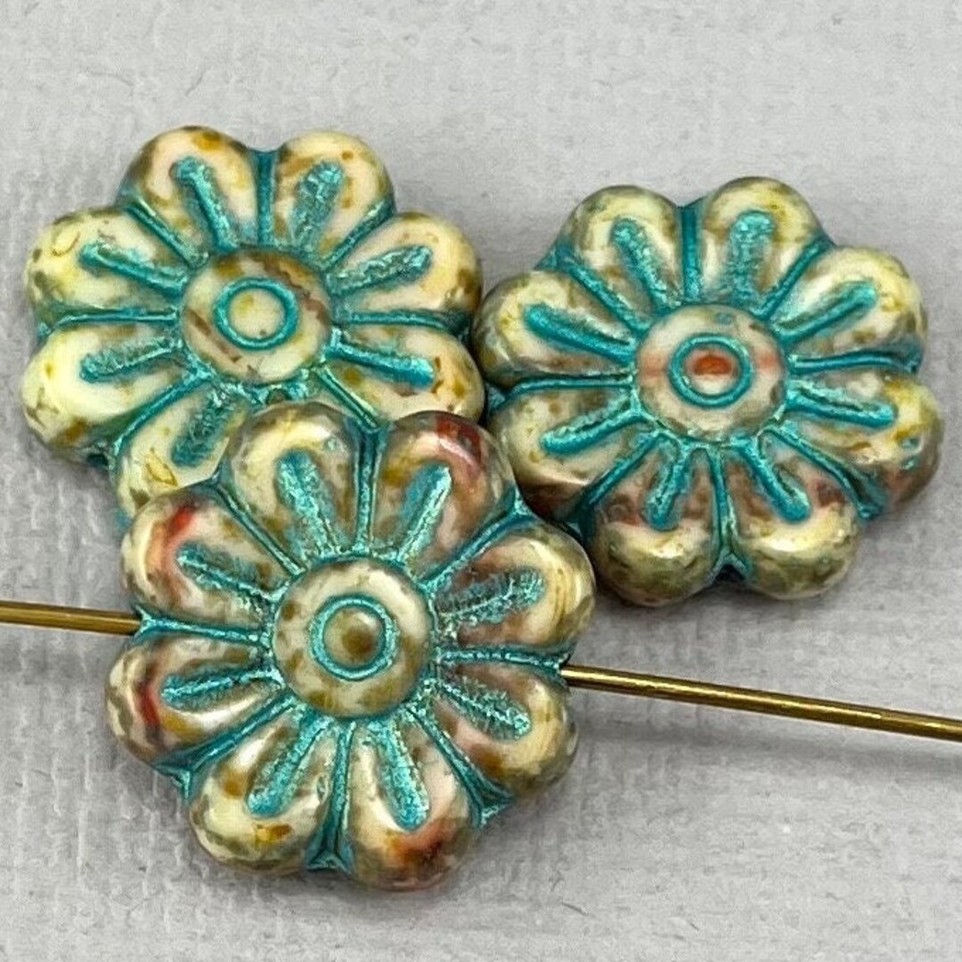 Large Daisy Beads, Czech Glass Flower, Stone Ivory, Picasso, Teal Wash ...
