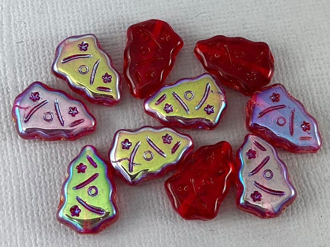 Red Czech Glass Christmas Tree Beads, Delicate Aurora Borealis - 17mm X ...