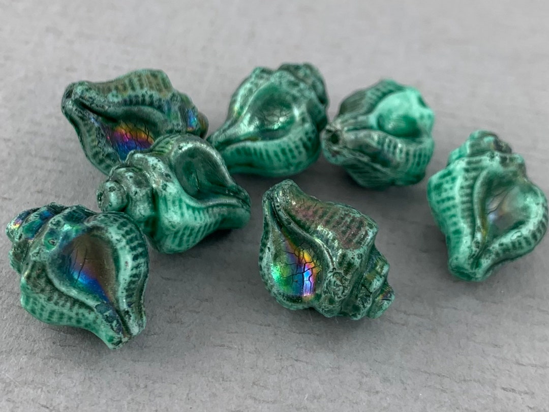 Rustic Green Conch, Seashell Czech Glass Beads, Pressed, Stone Gray ...