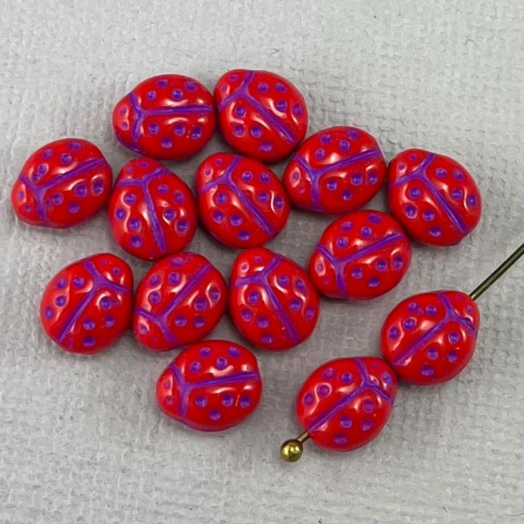 Little, Red Czech Glass Pressed Ladybug Beads, Violet Purple Detail ...