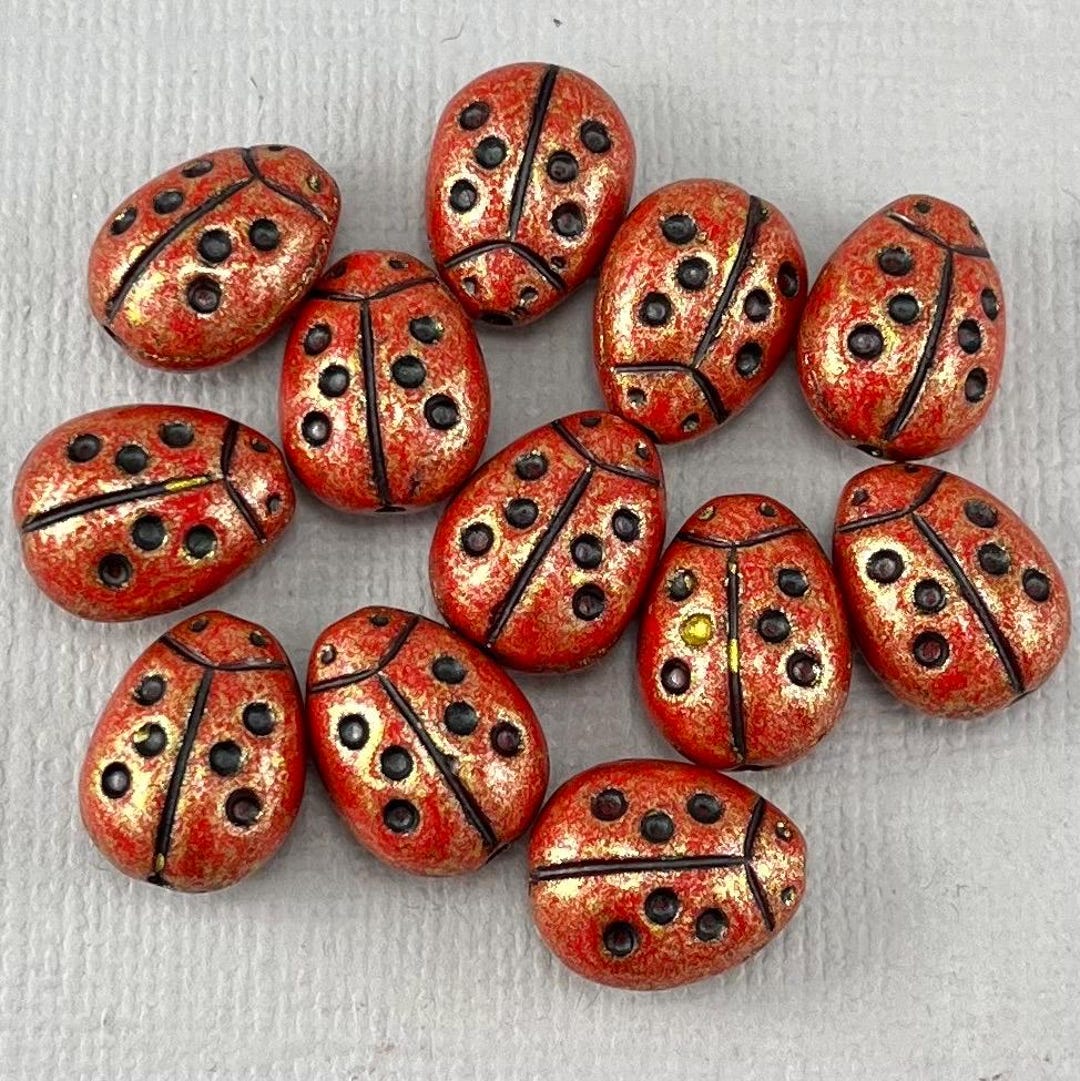 Red Czech Glass Pressed Ladybug Beads, Black Detail, Gold Dusted Luster ...