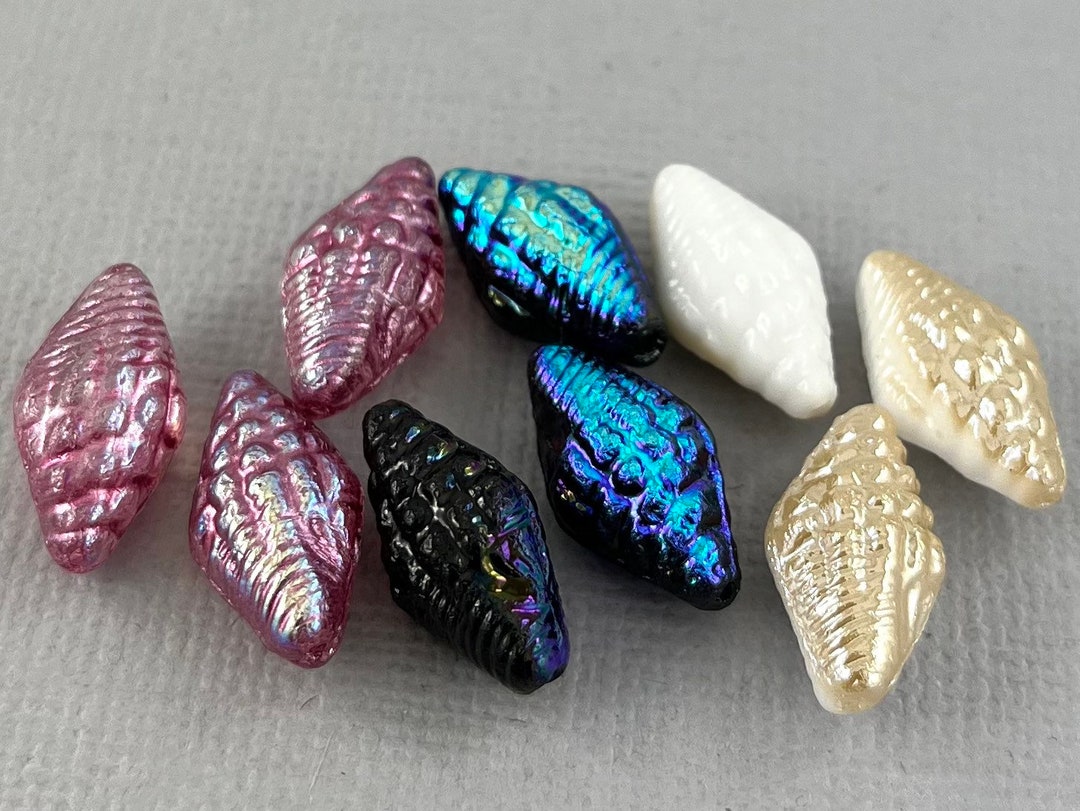 Miter Shell Beads, Seashell Czech Glass Beads, Pressed, Aurora Borealis ...