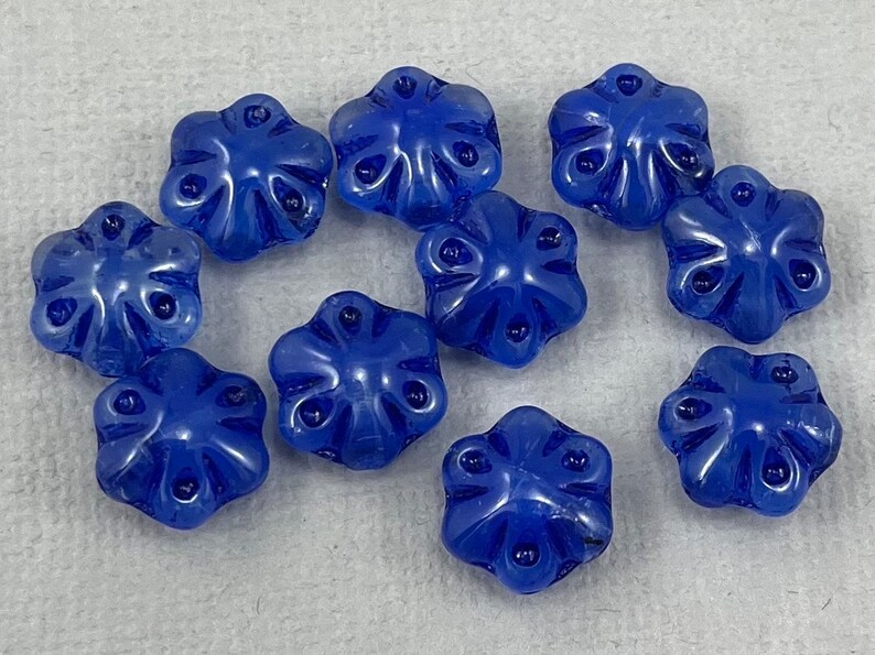Glossy Clear & Blue Flower Beads, Czech Glass, Pressed Folklore Flower ...