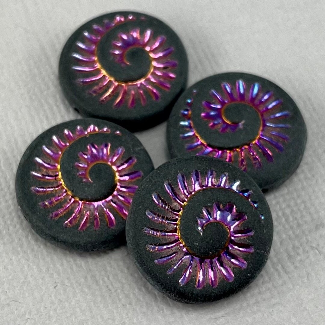 Matte Black Fossil Czech Coin Beads, Iris Blue Detail, Pink, Yellow ...