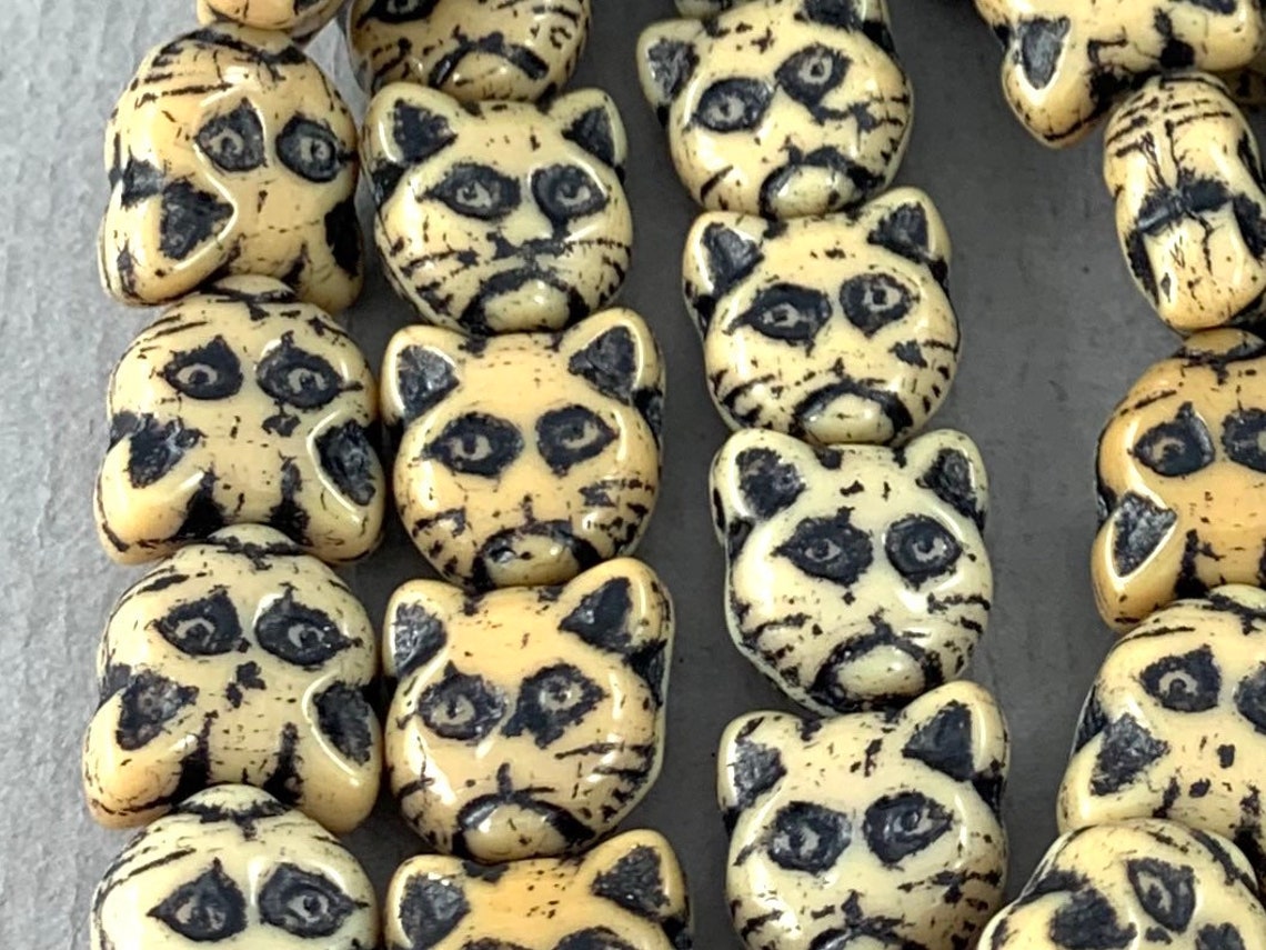 Pressed Beige Czech Glass Cat Beads Animal Beads Black - Etsy