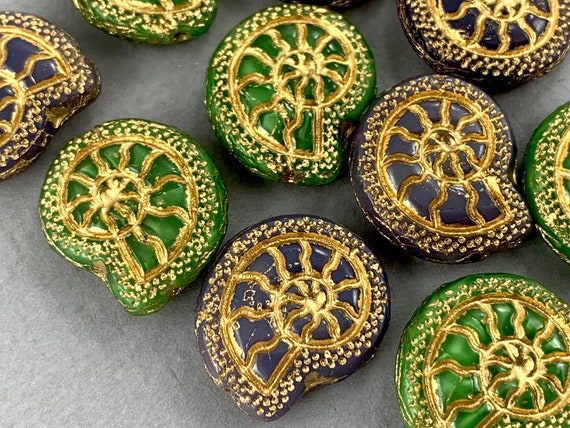 Spring Green and Purple Nautilus Shell Czech Glass Beads | Etsy